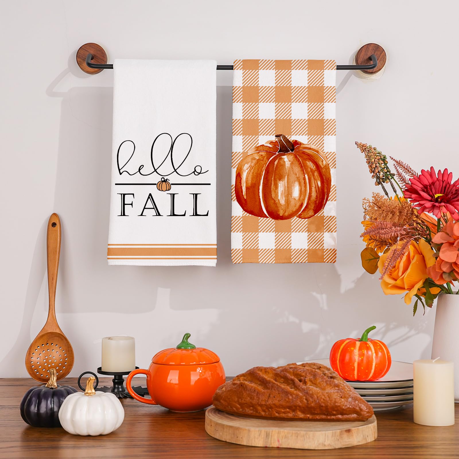 Siilues Fall Kitchen Towels Set of 2,18x26 Inch Fall Decor Hello Fall Decorations for Home Pumpkin Dish Towels Seasonal Thanksgiving Decorations for Home Kitchen Decor Hand Towels