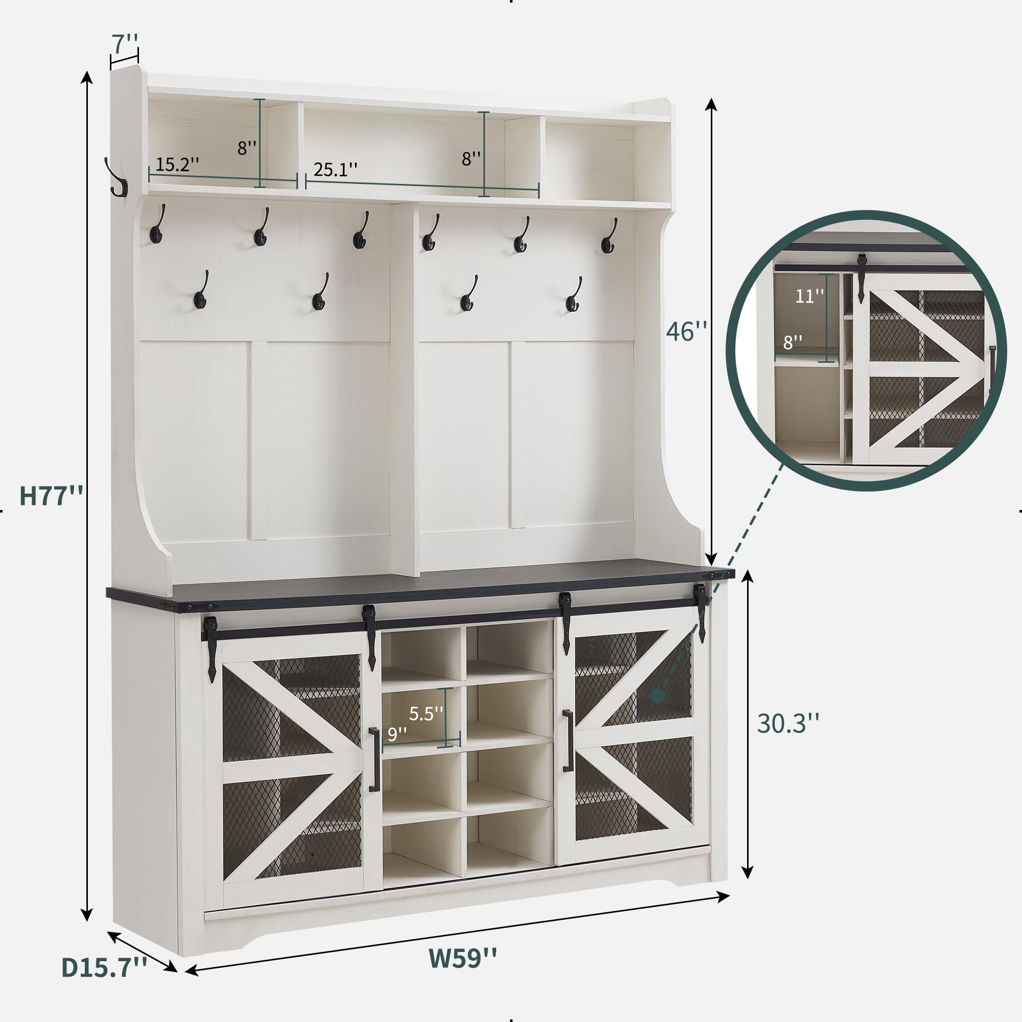 JXQTLINGMU Farmhouse Entryway Bench with Coat Rack, 20 Shoe Cubbies & 12 Coat Hooks, 59" Wide Hall Tree with Shoe Storage Bench, Sliding Barn Doors, Mudroom Storage Cabinet, Off White