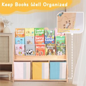 JUQUANBH 3 Tier Kid Book Shelves with 3 Storage Box,Wood Kids Stand Bookcase, Cartoon Cubbies Reading Book Stand for Kids, Toy Storage Organizer for Kids Bedroom Toy Room - Gift