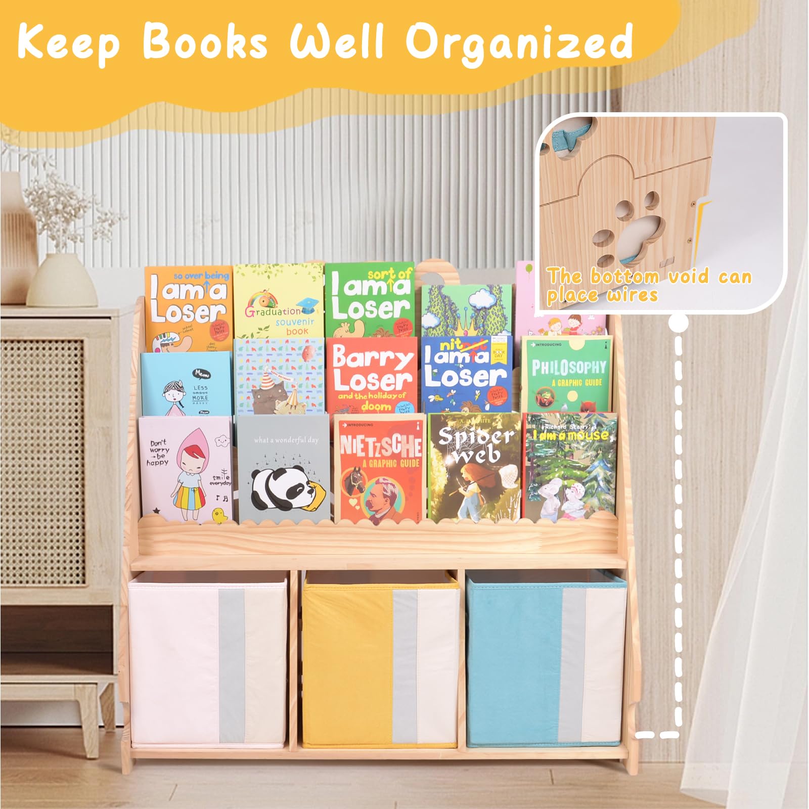 JUQUANBH 3 Tier Kid Book Shelves with 3 Storage Box,Wood Kids Stand Bookcase, Cartoon Cubbies Reading Book Stand for Kids, Toy Storage Organizer for Kids Bedroom Toy Room - Gift