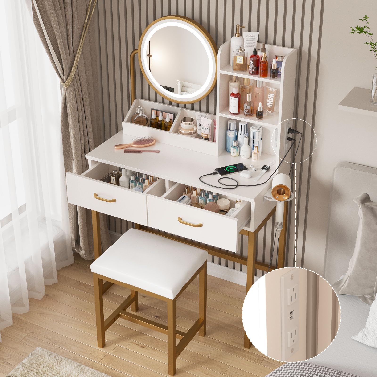 Makeup Vanity with Round Mirror and Lights, White Vanity Makeup Table with Charging Station, Small Vanity Table for Bedroom, 3 Lighting Modes, 31.5in(L)