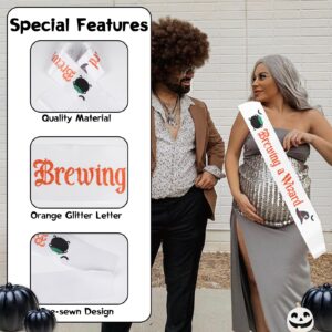 Serencatcher Halloween Baby Shower Sash, Brewing a Wizard Sash, White Sash with Orange Glitter Letters for Halloween Witch Theme Baby Shower Gifts Gender Reveal Party Decoration Supplies