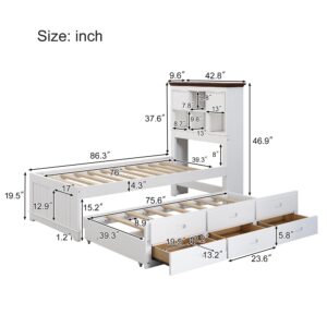 Twin Captain Bed with Trundle and Storage Drawers, Wood Platform Bed with Bookcase Headboard, White Bed Frame with Slat Support for Kids Boys Girls Teens