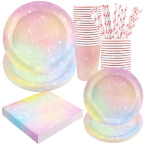 pastel birthday party supplies decorations, rainbow theme birthday paper plates and napkins set with cups and straws for 24 guests, 120 pcs disposable party dessert dinnerwares