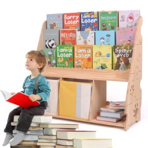 juquanbh 3 tier kid book shelves with 3 storage box,wood kids stand bookcase, cartoon cubbies reading book stand for kids, toy storage organizer for kids bedroom toy room - gift