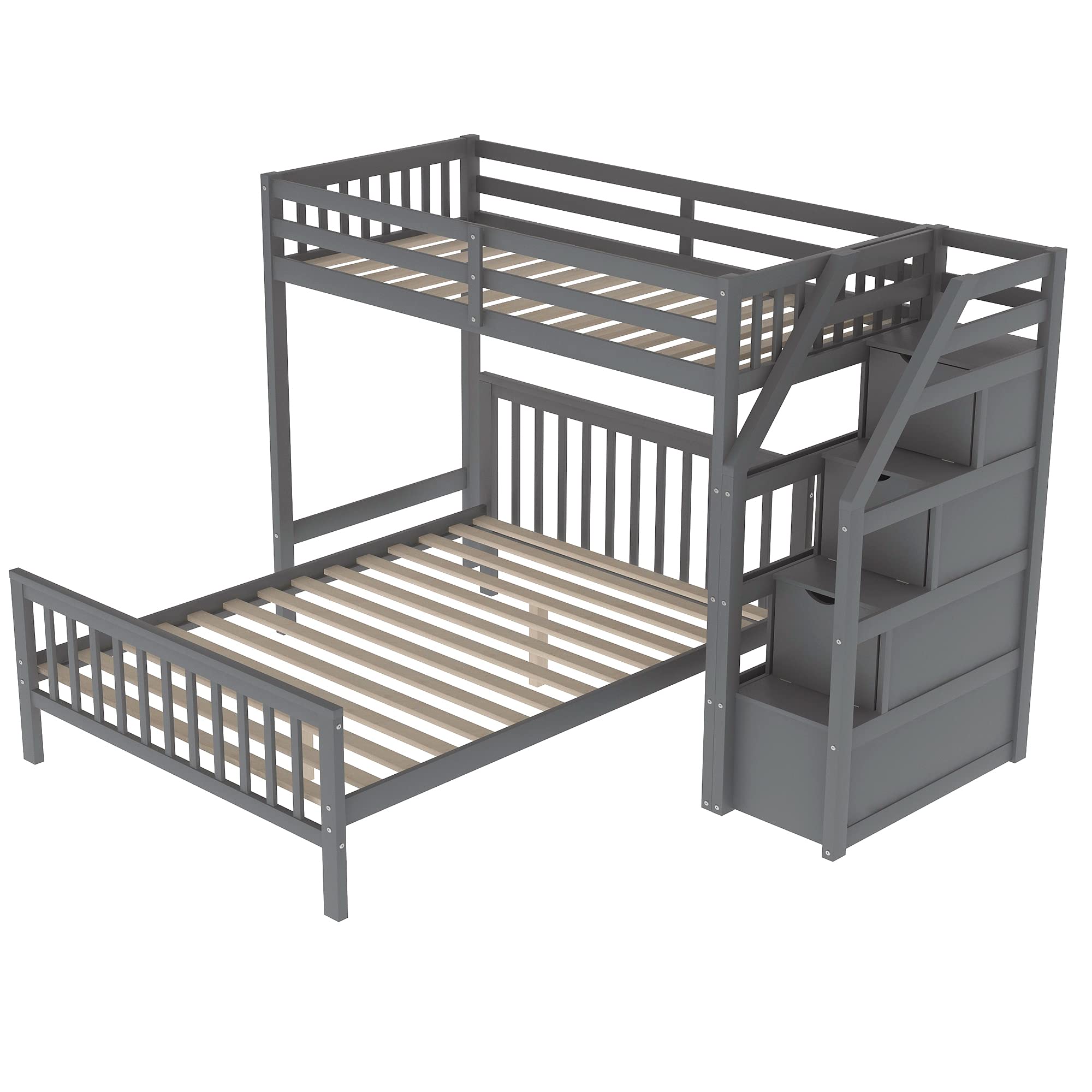 SOFTSEA Loft Bunk Bed with Desk and Drawers for Storage Solid Wood Loft Bed for 2, Modern Twin Over Full Bunk Bed with Ladder and No Box Spring Needed, MuddyWhite