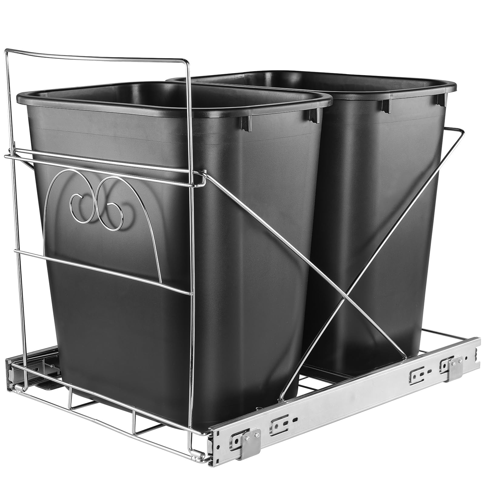 Pektiftn Double Pull Out Trash Can Under Cabinet, Under Sink Trash Can Pull Out Shelf Kit,Dual Compartment Slide Out Rack Rail for Kitchen Recycle Bins (Not Included Trash Can，Stainless Steel)