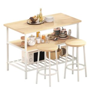 awqm island table with seating and storage, beige, 3 shelves, wooden counter height table top, 2-piece bar table set for small space