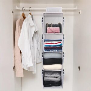 PetsHome 4-Shelf Hanging Closet Organizer, Space Saver, Closet Hanging Storage Shelves with Mesh Pockets & Magic Tap for Storage, Foldable-Grey