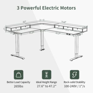 FEZIBO Triple Motor 75" L Shaped Standing Desk with 5 Drawers, Reversible Electric Standing Gaming Desk Adjustable Height, Corner Stand up Desk with Splice Board, White Frame/Light Walnut Top