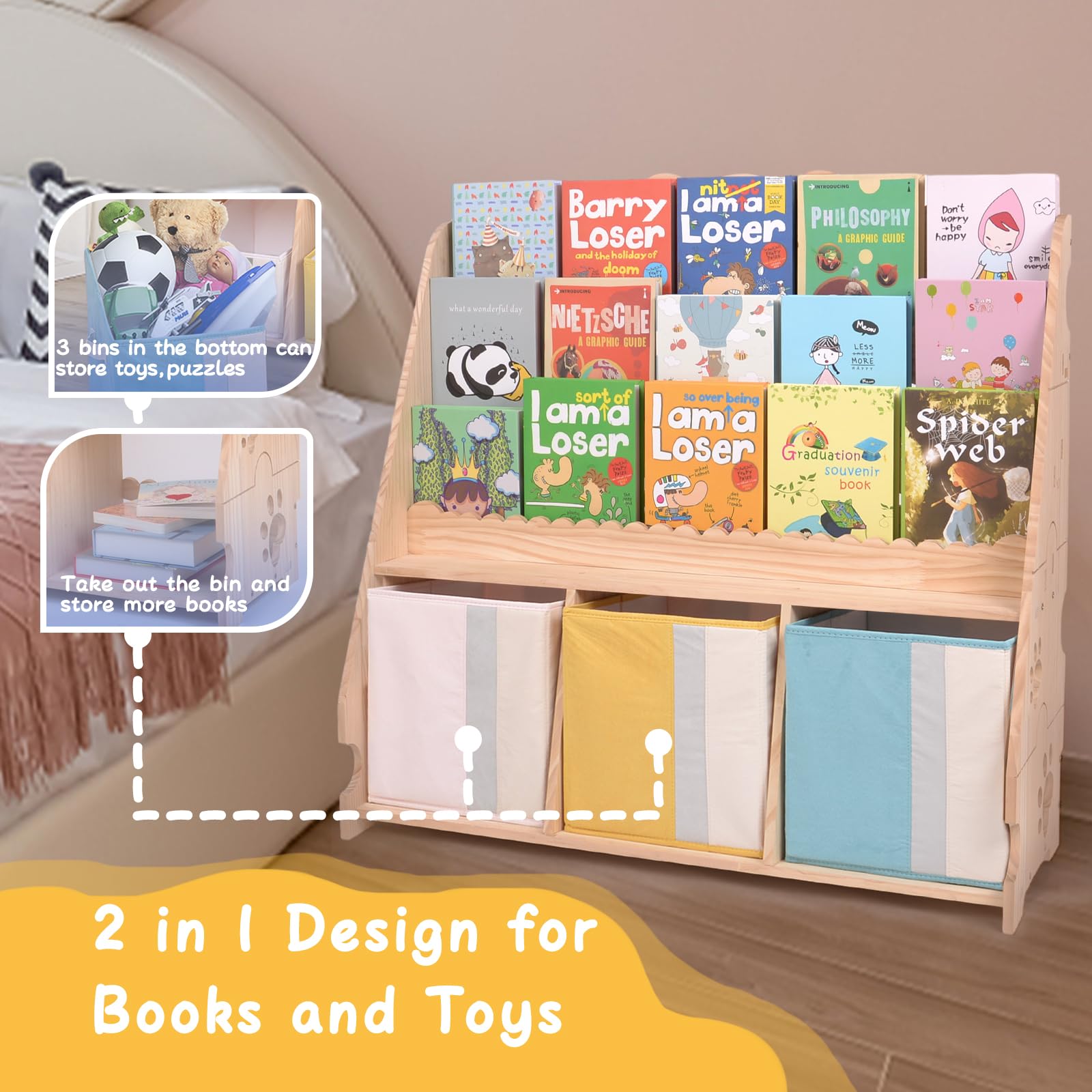 JUQUANBH 3 Tier Kid Book Shelves with 3 Storage Box,Wood Kids Stand Bookcase, Cartoon Cubbies Reading Book Stand for Kids, Toy Storage Organizer for Kids Bedroom Toy Room - Gift