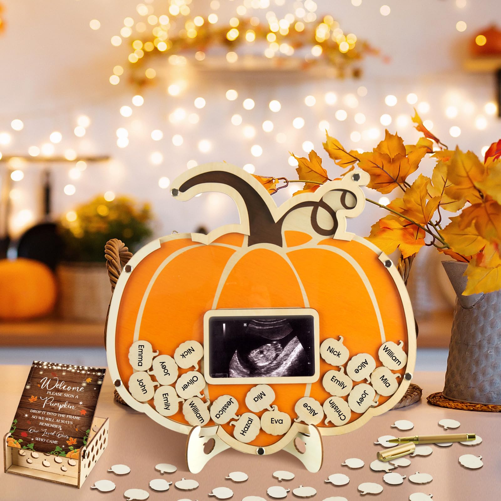 63 Pcs Pumpkin Baby Shower Guest Book Alternatives Set Fall Baby Shower Guestbook with Photo Frame Baby Sonogram Frame Keepsake 60 Wood Pumpkin Slices, Rustic Guest Book Alternative for Birthday