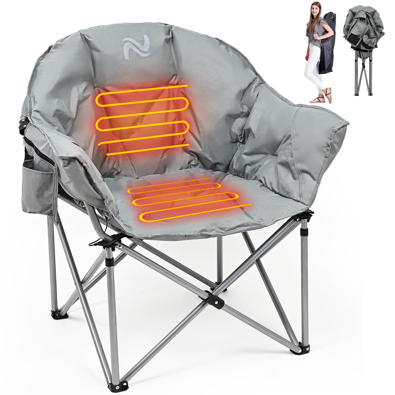 LILYPELLE Oversized Heated Camping Chair, Patio Lounge Chairs with 3 Heat Levels, Portable Folding Heated Chair Round Moon Saucer Folding Lawn Chair Outdoor Chair for Camping, Lounge Patio