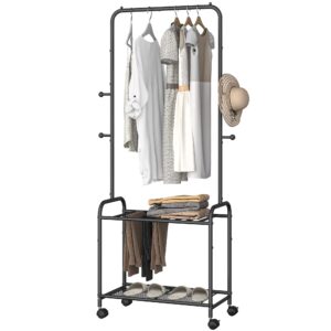 hzuaneri clothes rack, garment rack with 2-tier storage shelf, 2-in-1 design, clothing rack with 4 wheels, metal frame shoe rack, coat rack with 4 hooks for bags, 220 lb max, black gr07660b