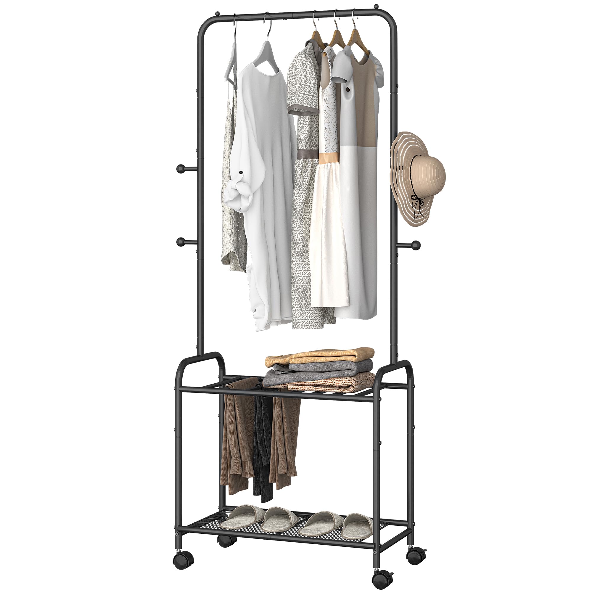 Hzuaneri Clothes Rack, Garment Rack with 2-Tier Storage Shelf, 2-In-1 Design, Clothing Rack with 4 Wheels, Metal Frame Shoe Rack, Coat Rack with 4 Hooks for Bags, 220 lb Max, Black GR07660B