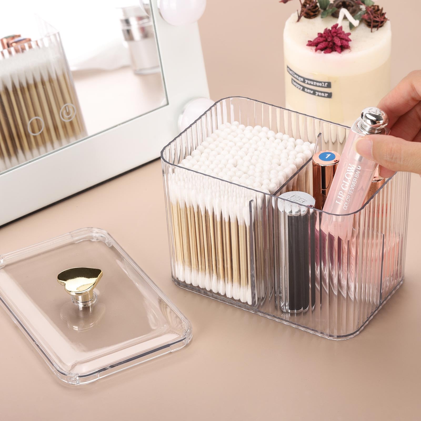 Tbestmax Qtip Holder Dispenser 3-Section Clear Bathroom Organizer Jar 3 Grids Cotton Swab/Pad/Ball Holder Container Cosmetics Storage for Vanity