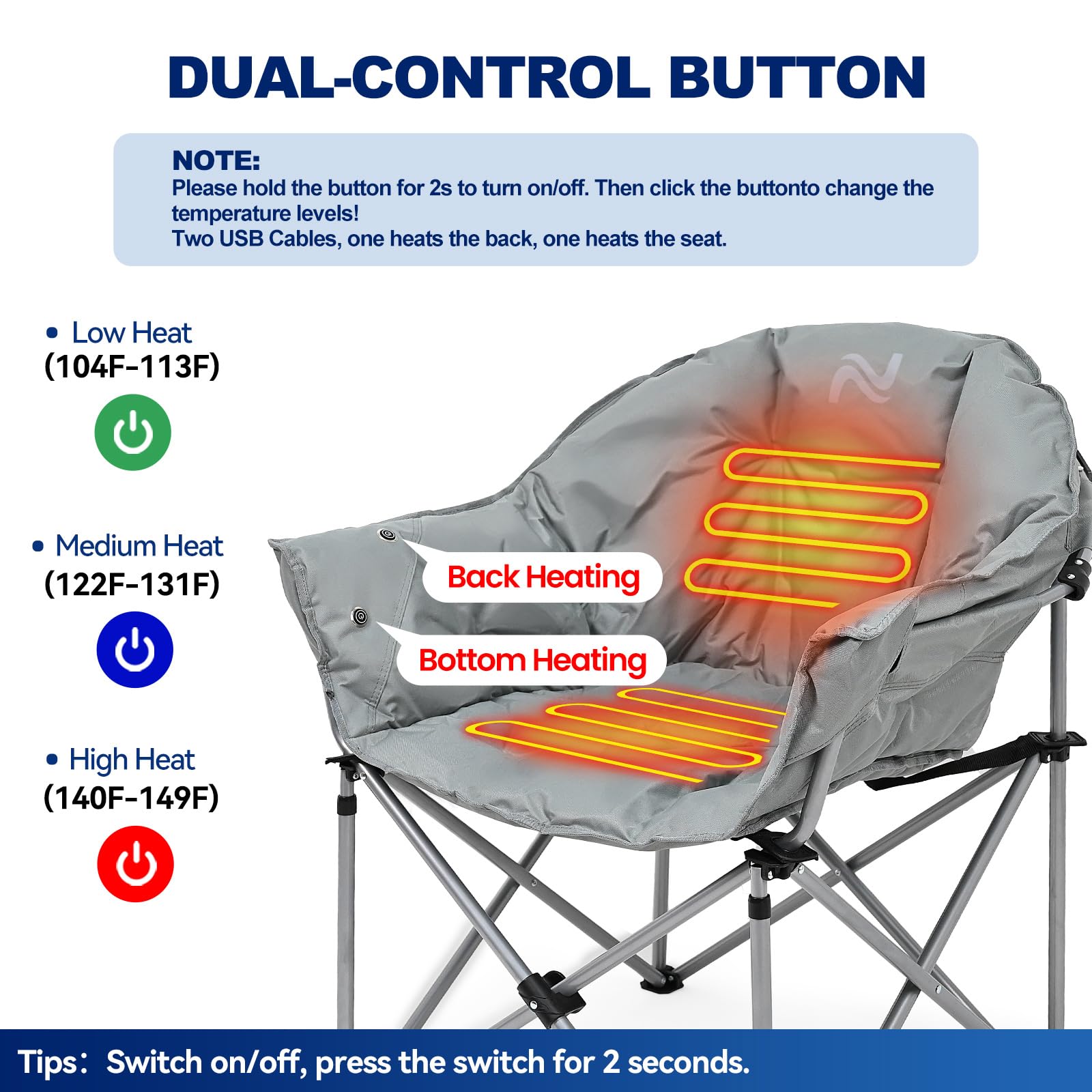 LILYPELLE Oversized Heated Camping Chair, Patio Lounge Chairs with 3 Heat Levels, Portable Folding Heated Chair Round Moon Saucer Folding Lawn Chair Outdoor Chair for Camping, Lounge Patio