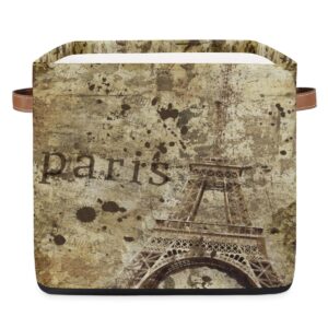 vintage paris eiffel tower square storage basket large 13"x13"x13" collapsible organizer bin thick laundry canvas storage bin with handles for shelves closets organizing toys,clothes,books,gifts,pets