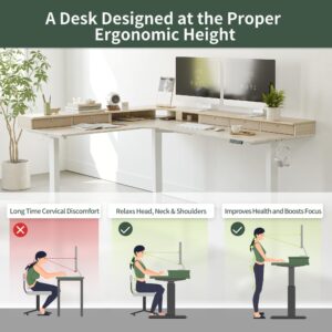 FEZIBO Triple Motor 75" L Shaped Standing Desk with 5 Drawers, Reversible Electric Standing Gaming Desk Adjustable Height, Corner Stand up Desk with Splice Board, White Frame/Light Walnut Top