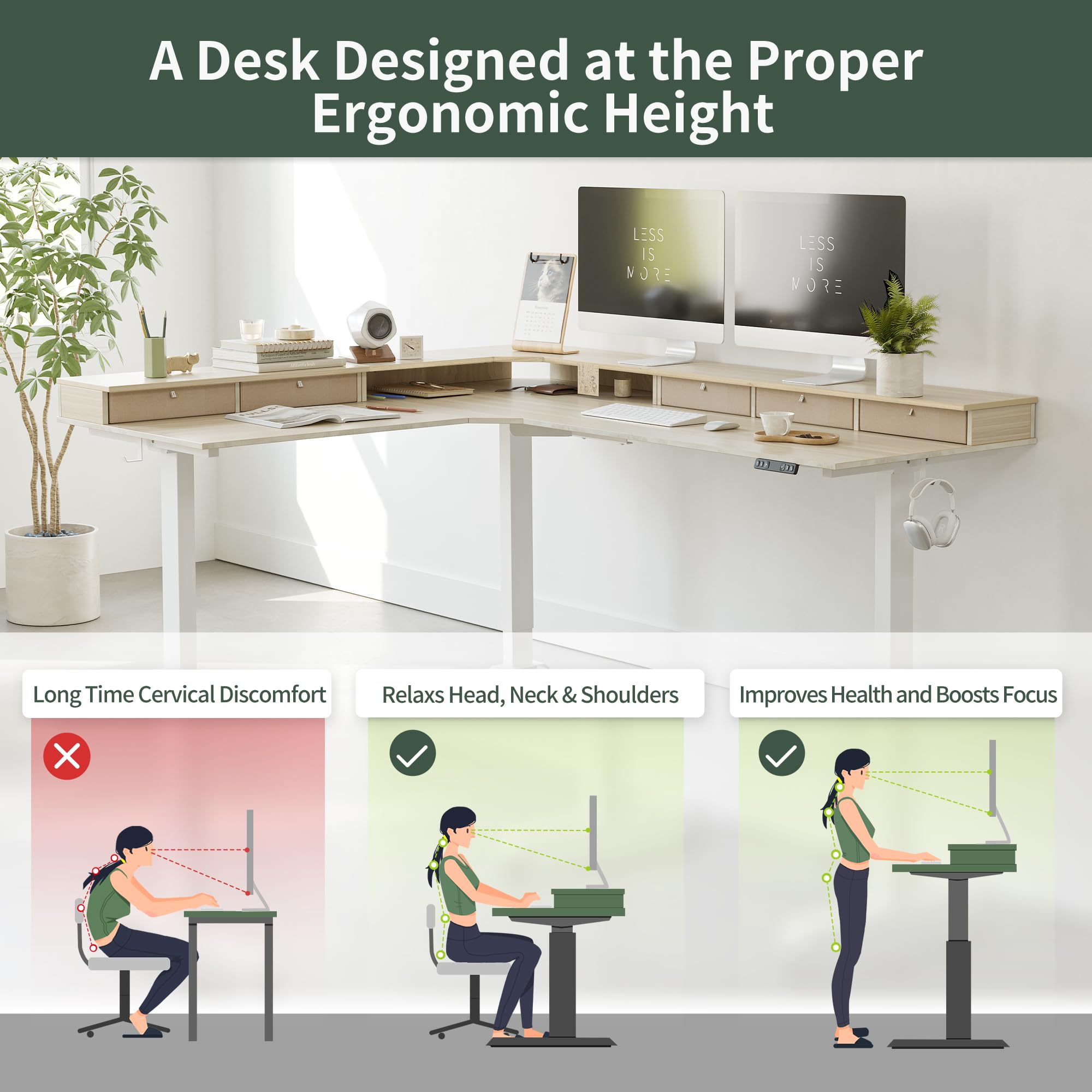 FEZIBO Triple Motor 75" L Shaped Standing Desk with 5 Drawers, Reversible Electric Standing Gaming Desk Adjustable Height, Corner Stand up Desk with Splice Board, White Frame/Light Walnut Top