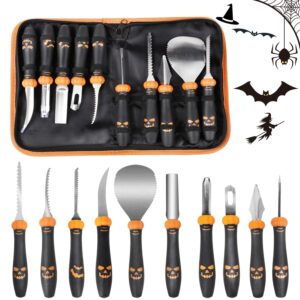 halloween 10 piece pumpkin carving kit with storage bag, stainless steel pumpkin carving tools knife set for halloween jack-o-lantern diy decoration, anti-slip rubber handles,gift for halloween