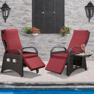 art to real outdoor recliners set of 2 patio recliner chair, adjustable reclining lounge chair and removable soft cushion, flip-up side table, recliner chair, red