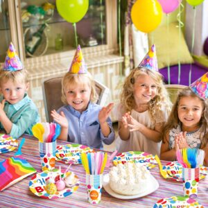 Meanplan Serves 24 Guests Happy Birthday Plates and Napkins Rainbow Polka Dot Birthday Tableware Set Rainbow Dot Birthday Party Decorations for Kids Included Cups Knives Forks Spoons Total 168 Pcs