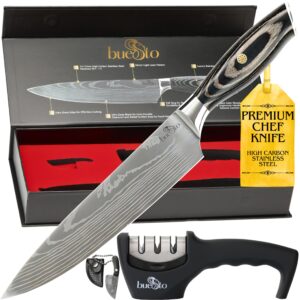 buesto professional chef knife - 7cr17mov hc japanese knife - 8'' kitchen knife - chefs knife with knife sharpener - ergonomic handle sharp knife - unique gifts for men and women - premium gift box