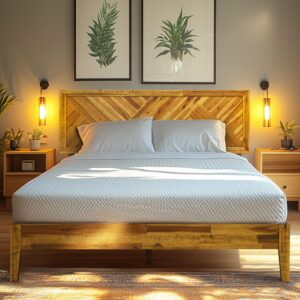 acacia sierra bed frame with headboard solid wood platform bed, queen bed frame, tall headboard wood bed compatible with all mattress types, no box spring needed, caramel - early american