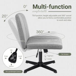 Flamaker Desk Chair No Wheels Arms, Armless Office Chair with Ottoman, Cross Legged Wide Fabric Padded Home Office Chair Task Chair for Living Room (Light Grey)