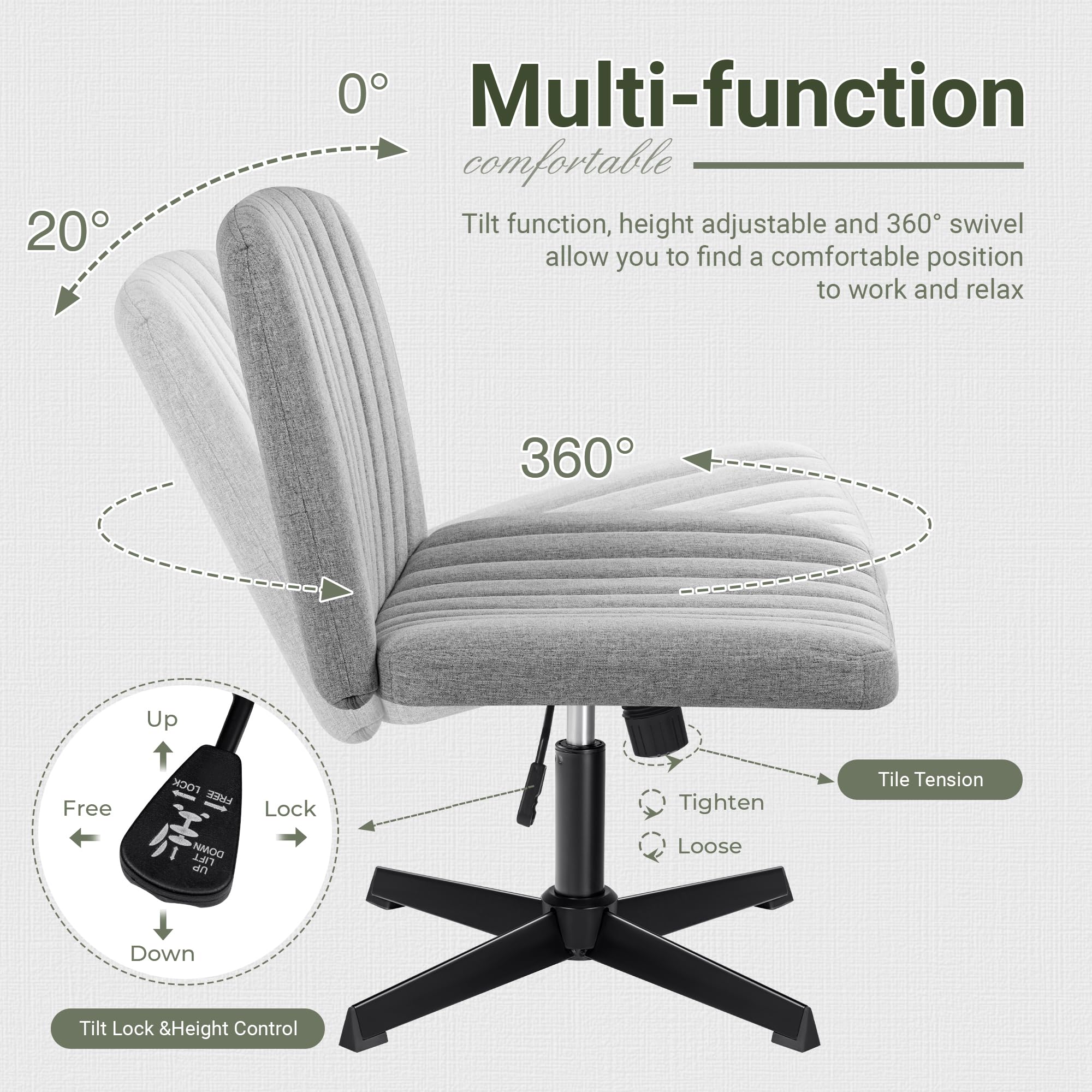 Flamaker Desk Chair No Wheels Arms, Armless Office Chair with Ottoman, Cross Legged Wide Fabric Padded Home Office Chair Task Chair for Living Room (Light Grey)