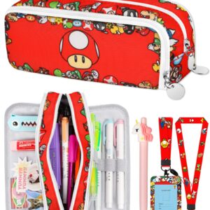 Trendy Fun for Large Pencil Case Big Capacity 3 Compartments Pencil Pouch Cute Cartoon Design Aesthetic Pen Bag with Zipper for Girls Teens Estuche para Lapices Sticker +Pen+ ID Badge Holder+Lanyard