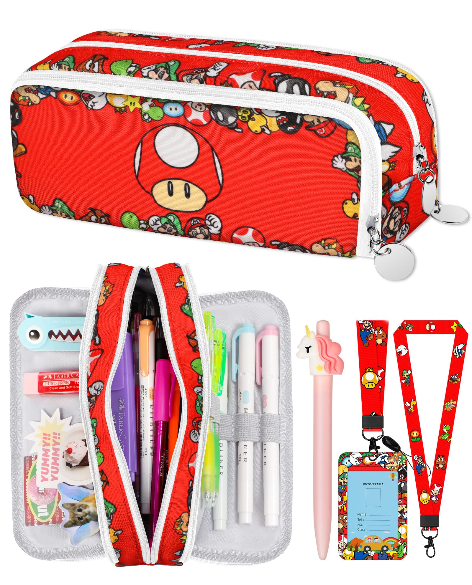 Trendy Fun for Large Pencil Case Big Capacity 3 Compartments Pencil Pouch Cute Cartoon Design Aesthetic Pen Bag with Zipper for Girls Teens Estuche para Lapices Sticker +Pen+ ID Badge Holder+Lanyard