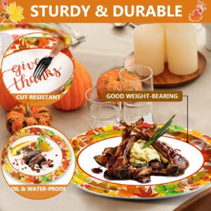 50PCS Thanksgiving Oval Paper Plates Large 11” Disposable Fall Party Autumn Maple Leaf Give Thanks Platters, Gold Foil Fall Design Heavy Duty Dish Tray for Picnic Carnival Dinner Tableware, White