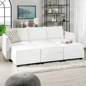 naomi home elizabeth modular sofa sectional sleeper couch with ottoman linen - 6-seater sofa with storage seat - convertible sectional sofa couch bed for living room - white