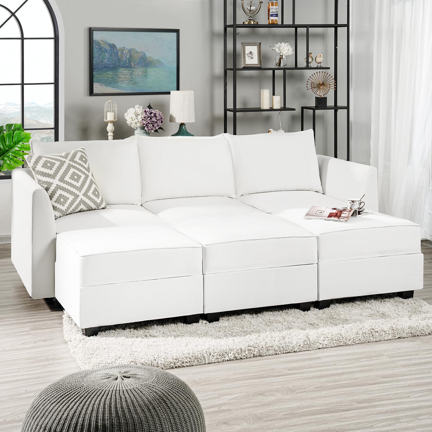 Naomi Home Elizabeth Modular Sofa Sectional Sleeper Couch with Ottoman Linen - 6-Seater Sofa with Storage Seat - Convertible Sectional Sofa Couch Bed for Living Room - White