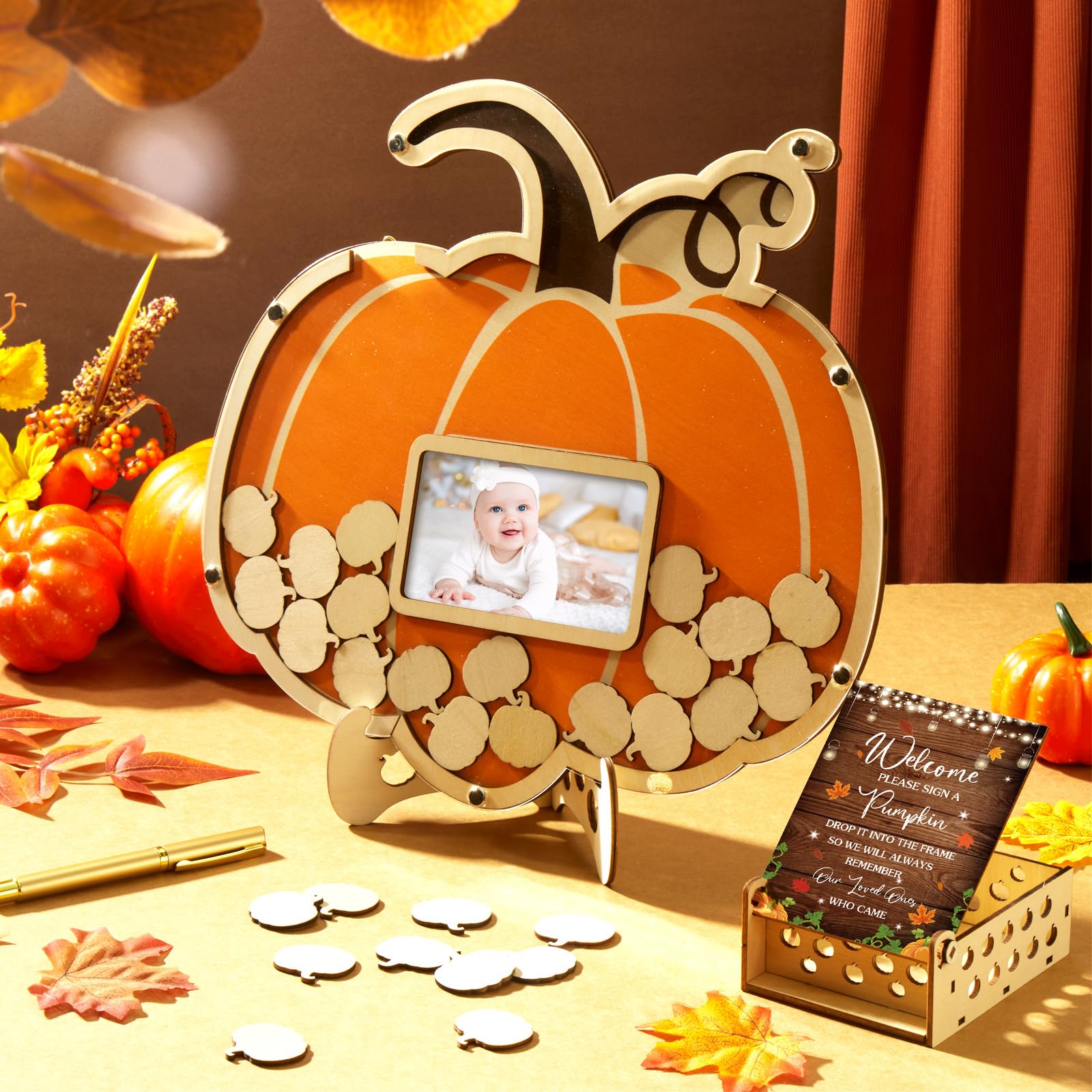 63 Pcs Pumpkin Baby Shower Guest Book Alternatives Set Fall Baby Shower Guestbook with Photo Frame Baby Sonogram Frame Keepsake 60 Wood Pumpkin Slices, Rustic Guest Book Alternative for Birthday