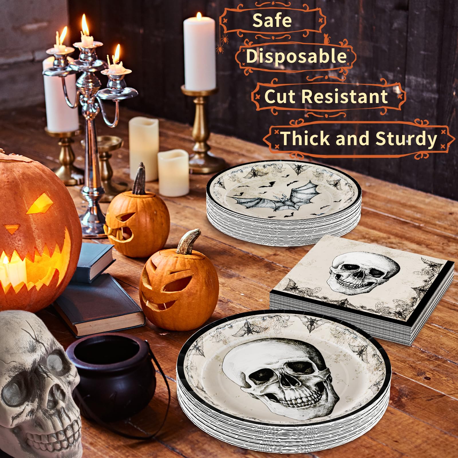 DYLIVeS Halloween Party Plates and Napkins Set, 150 Pcs Halloween Skull Bats Tableware for Boys Adult Happy Halloween Party Supplies Disposable Dinnerware Holiday Halloween Decorations, Serve 50