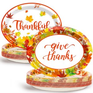 50pcs thanksgiving oval paper plates large 11” disposable fall party autumn maple leaf give thanks platters, gold foil fall design heavy duty dish tray for picnic carnival dinner tableware, white