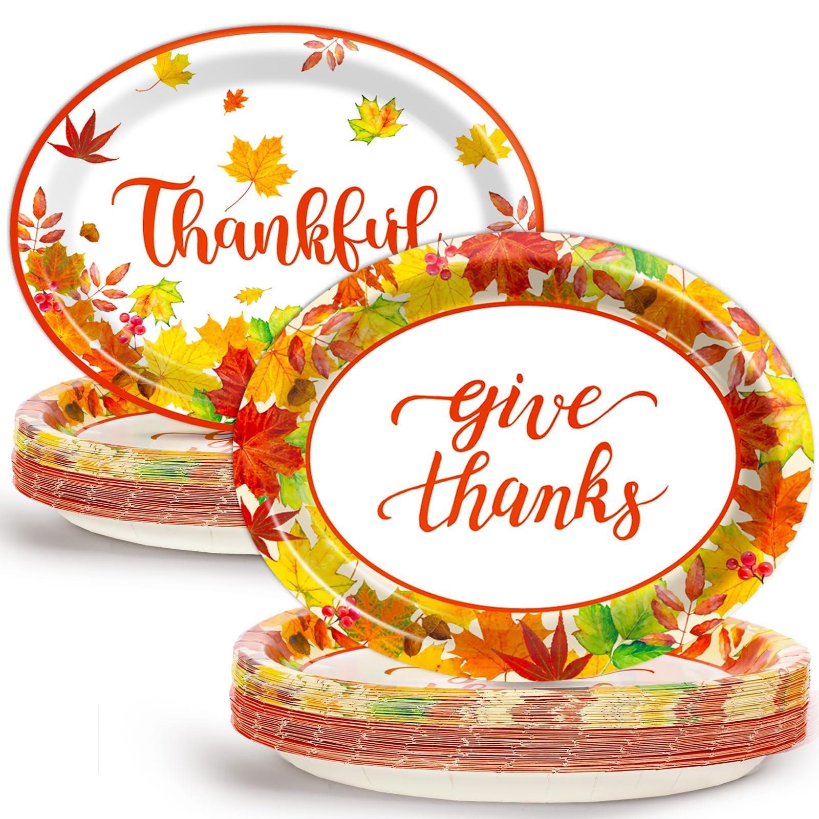 50PCS Thanksgiving Oval Paper Plates Large 11” Disposable Fall Party Autumn Maple Leaf Give Thanks Platters, Gold Foil Fall Design Heavy Duty Dish Tray for Picnic Carnival Dinner Tableware, White