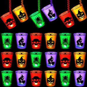 led light up halloween shot glass on beaded necklace plastic shot glasses shot cups glow in the dark halloween shot glass necklaces for halloween party favors decorations supplies, 4 colors (24 pcs)