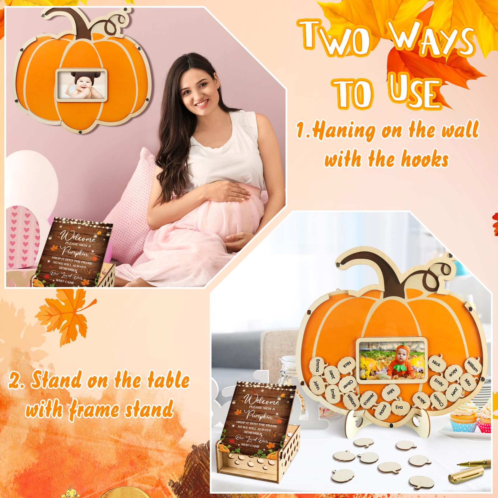 63 Pcs Pumpkin Baby Shower Guest Book Alternatives Set Fall Baby Shower Guestbook with Photo Frame Baby Sonogram Frame Keepsake 60 Wood Pumpkin Slices, Rustic Guest Book Alternative for Birthday