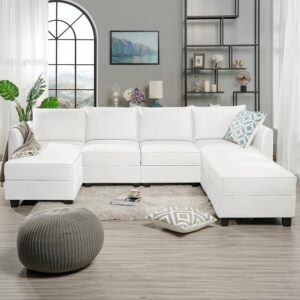 Naomi Home Elizabeth Modular Sectional Sofa Linen U Shaped Couch with Ottomans Convertible Sectional Couch 7-Seater Sofa with Storage Seat, L- Shaped Sectional Sofa - White Down