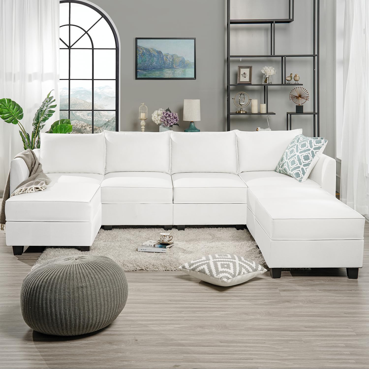 Naomi Home Elizabeth Modular Sectional Sofa Linen U Shaped Couch with Ottomans Convertible Sectional Couch 7-Seater Sofa with Storage Seat, L- Shaped Sectional Sofa - White Down