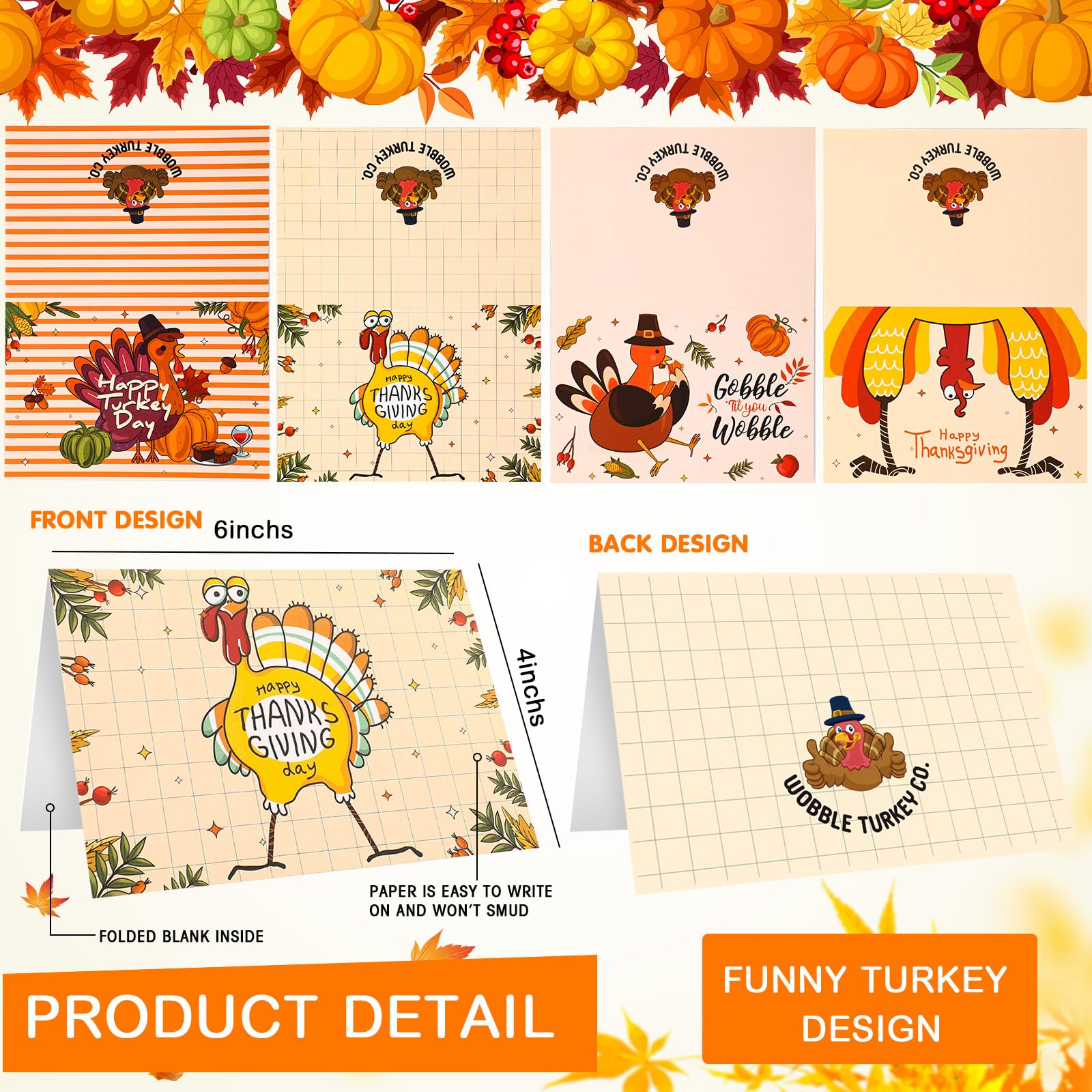 Fulmoon 240 Sets Funny Thanksgiving Greeting Cards Bulk Silly Turkey Gobble Thanksgiving Cards Assortment 4 x 6 Inch Thankful Fall Holiday Card with Envelopes and Stickers for Family Harvest Party