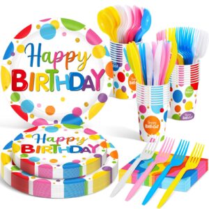 meanplan serves 24 guests happy birthday plates and napkins rainbow polka dot birthday tableware set rainbow dot birthday party decorations for kids included cups knives forks spoons total 168 pcs