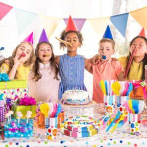 Meanplan Serves 24 Guests Happy Birthday Plates and Napkins Rainbow Polka Dot Birthday Tableware Set Rainbow Dot Birthday Party Decorations for Kids Included Cups Knives Forks Spoons Total 168 Pcs