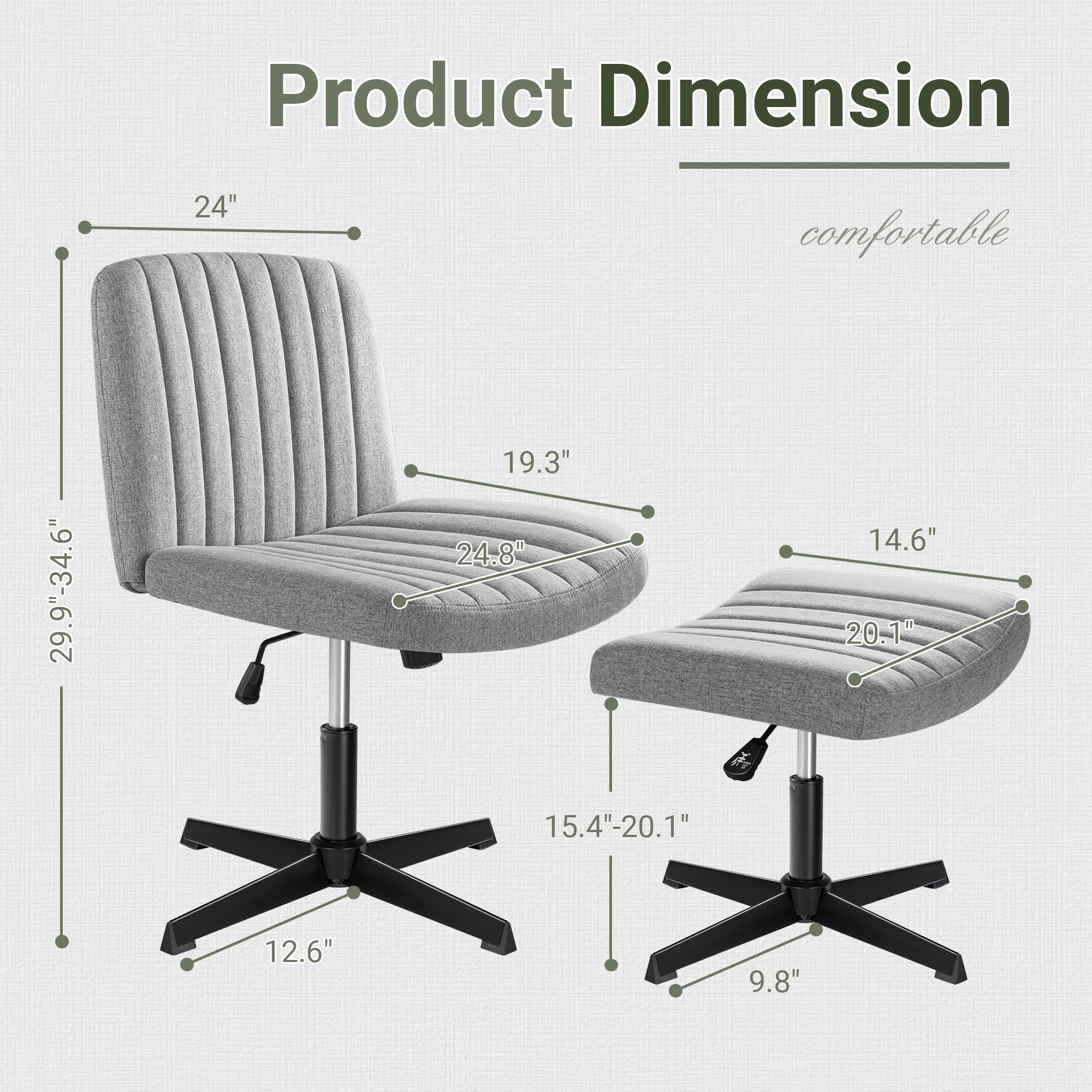 Flamaker Desk Chair No Wheels Arms, Armless Office Chair with Ottoman, Cross Legged Wide Fabric Padded Home Office Chair Task Chair for Living Room (Light Grey)