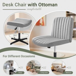 Flamaker Desk Chair No Wheels Arms, Armless Office Chair with Ottoman, Cross Legged Wide Fabric Padded Home Office Chair Task Chair for Living Room (Light Grey)