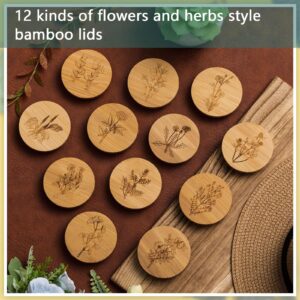 12 Pieces Yogurt Jar Lids Inspirational Yogurt Bamboo Jar Lids Set Flower and Herb Wooden Lids with Silicone Sealing Compatible with Oui Yogurt Jars, Brave Happy Kind Plant (Flower and Herb)